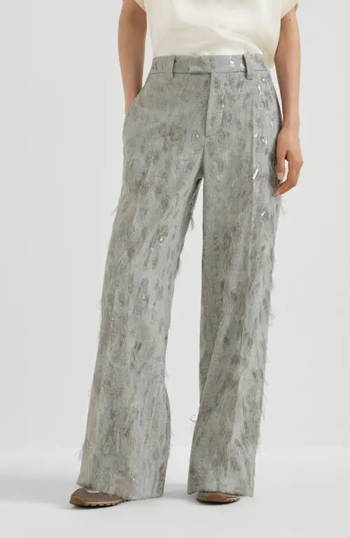 Brunello Cucinelli Virgin Wool And Cashmere Twill Flannel Loose Flared Trousers With Dazzling Lynx Embroidery - Grey