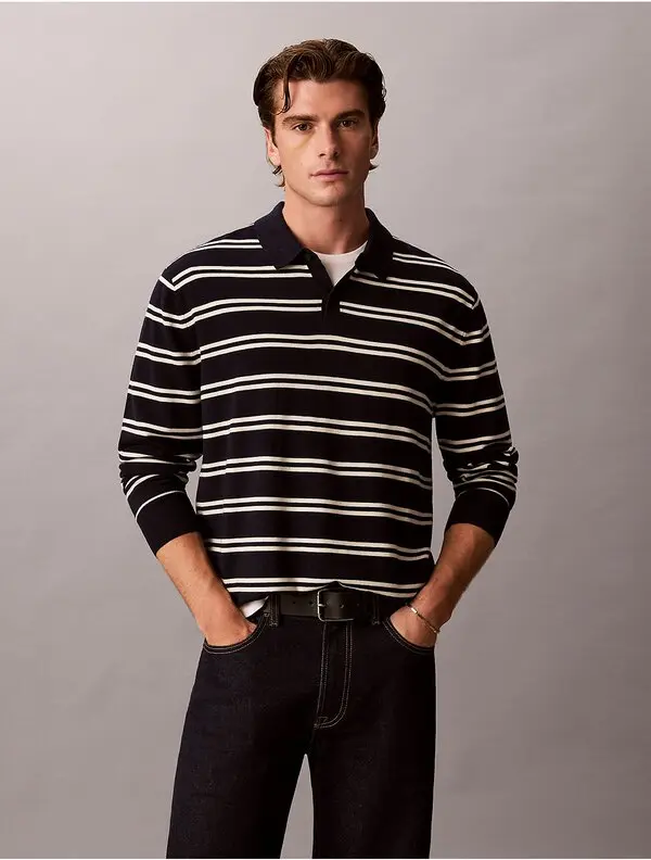 Calvin Klein Merino Stripe Polo Sweater - Dark Sapphire