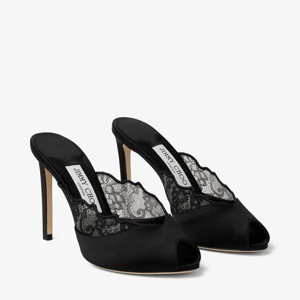 JIMMY CHOO Brigitte Mule 100 Lace And Satin Mules - Black