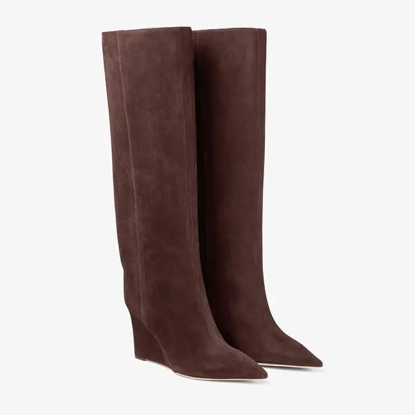 JIMMY CHOO Blake Knee Boot 85 Chocolate Suede Knee-high Boots With Wedge Heel Chocolate