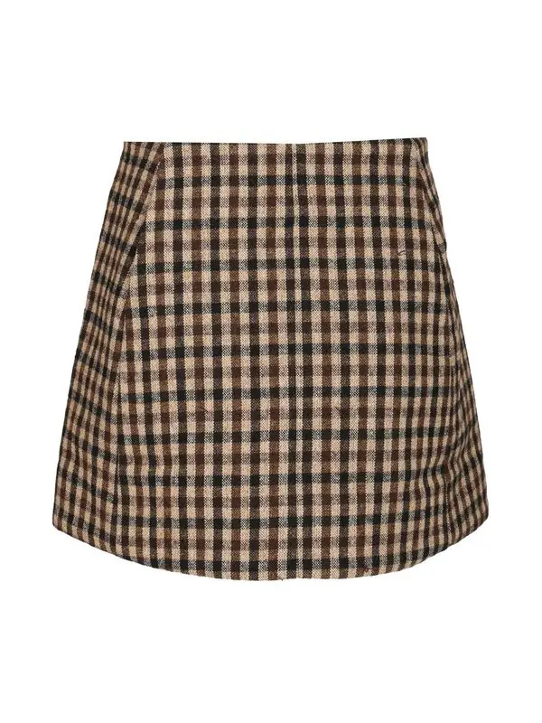 GANNI Checked Wool Mini Skirt - Brown