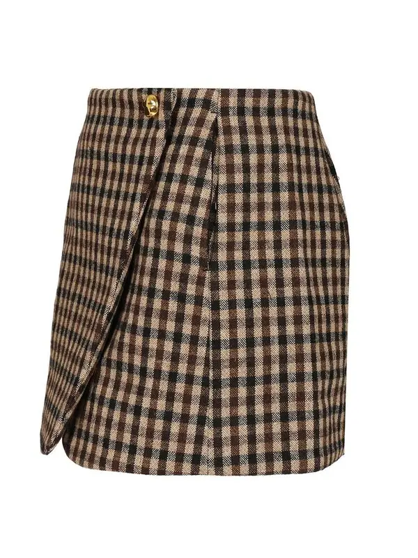 GANNI Checked Wool Mini Skirt - Brown