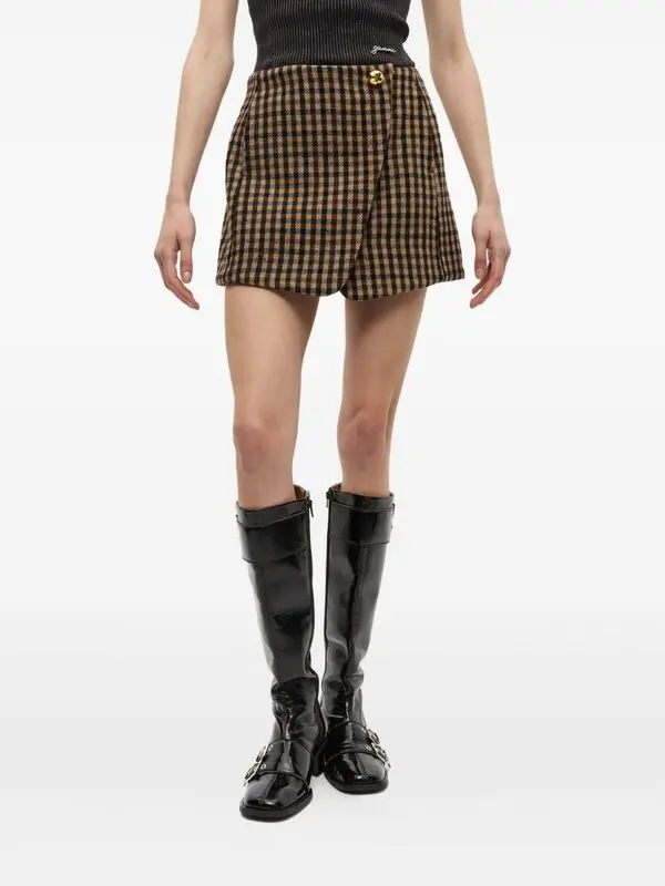 GANNI Checked Wool Mini Skirt - Brown