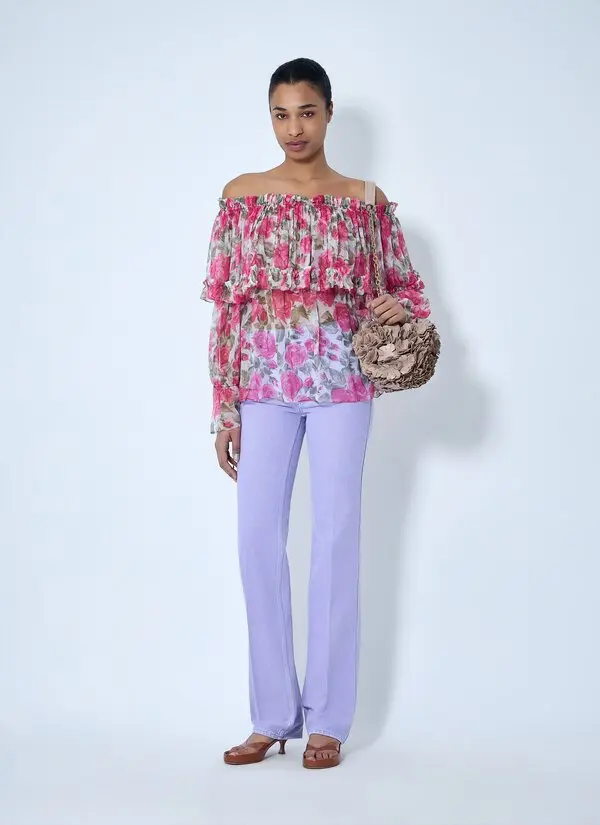 Chloé Off-shoulder Ruffled Floral Silk Blouse - Pink