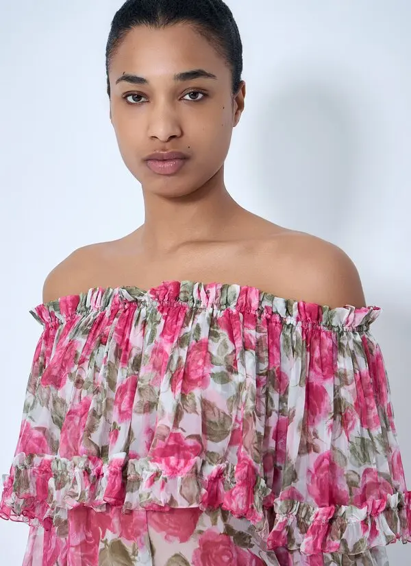 Chloé Off-shoulder Ruffled Floral Silk Blouse - Pink