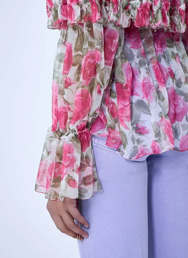 Chloé Off-shoulder Ruffled Floral Silk Blouse - Pink