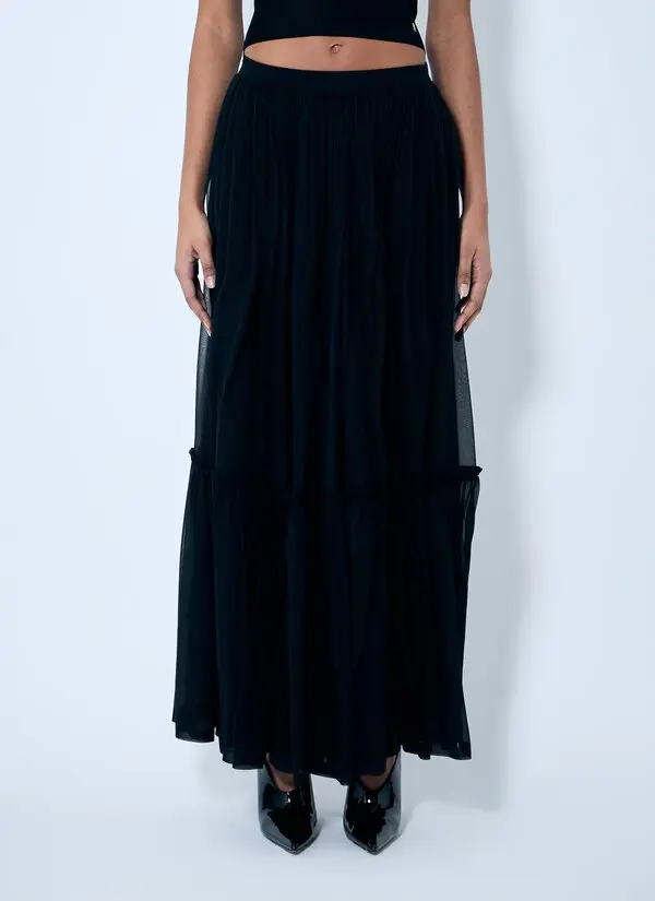 Saint Laurent Ruffled Silk Crepe Maxi Skirt - Black