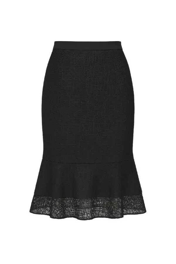 CONQUISTA Textured Pencil Skirt With Lace Flounce Hem