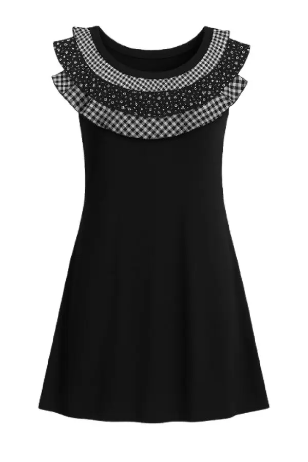 CONQUISTA Sleeveless Dress With Layered Gingham And Polka Dot Ruffle Neckline