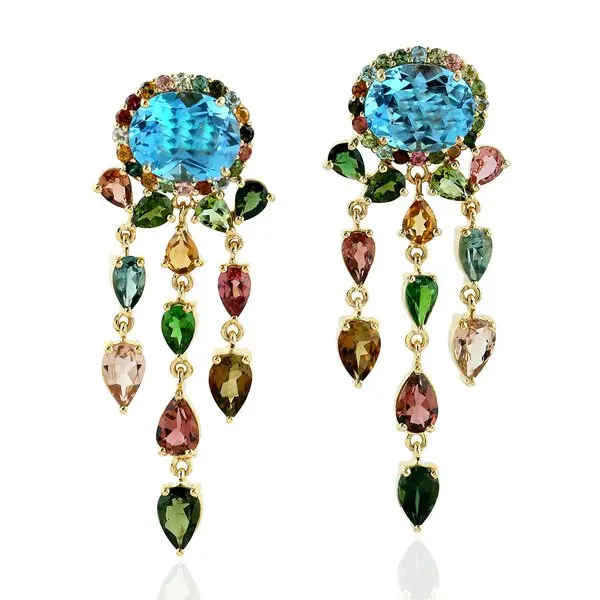 ARTISAN Blue Topaz & Multi Tourmaline Chandelier Earrings In 18k Yellow - Gold