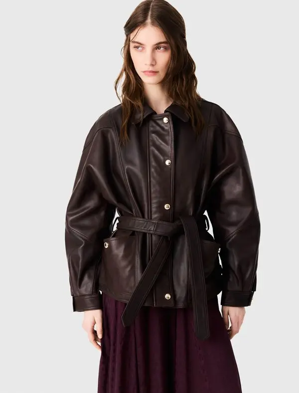 Maje Oversized Leather Jacket With Gold Buttons