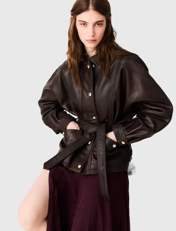 Maje Oversized Leather Jacket With Gold Buttons