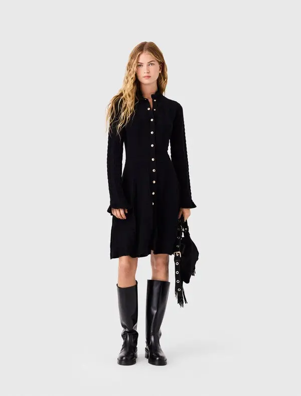 Maje Short Knit Dress With Gold Button Detail