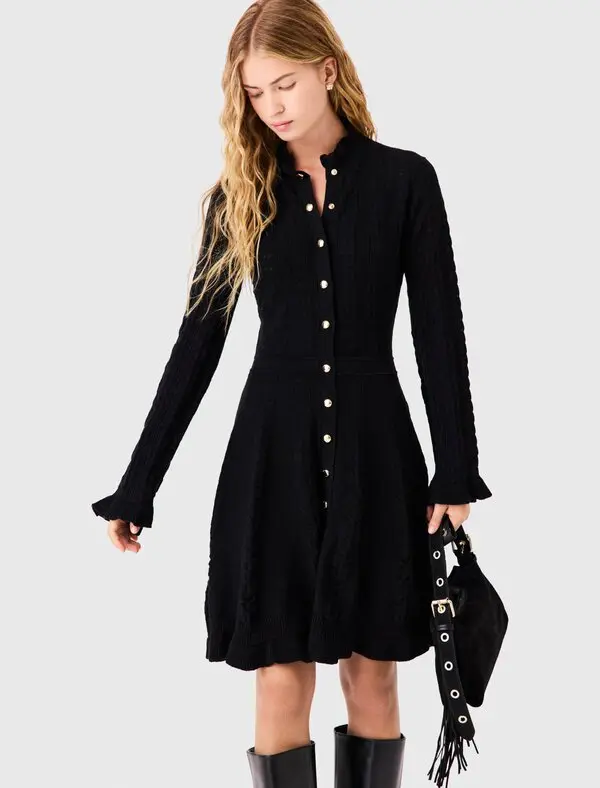 Maje Short Knit Dress With Gold Button Detail