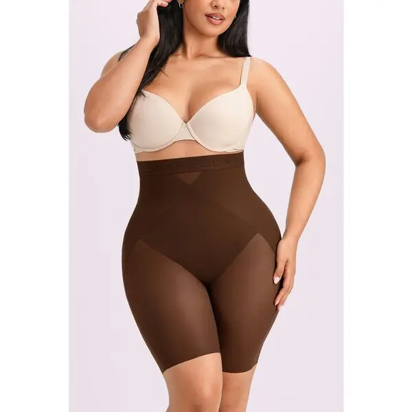 SHAPELLX Mesh High Waist Compression Shorts - Brown