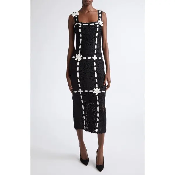 Carolina Herrera Ribbon Detail Crochet Midi Dress - Black