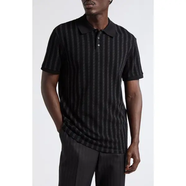 Versace Greca Stripe Jacquard Polo - Black Grey
