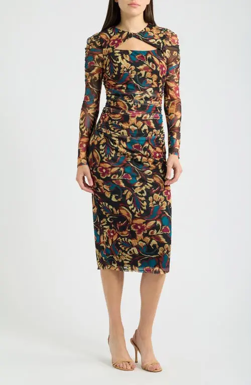 Vince Camuto Floral Print Long Sleeve Mesh Midi Dress