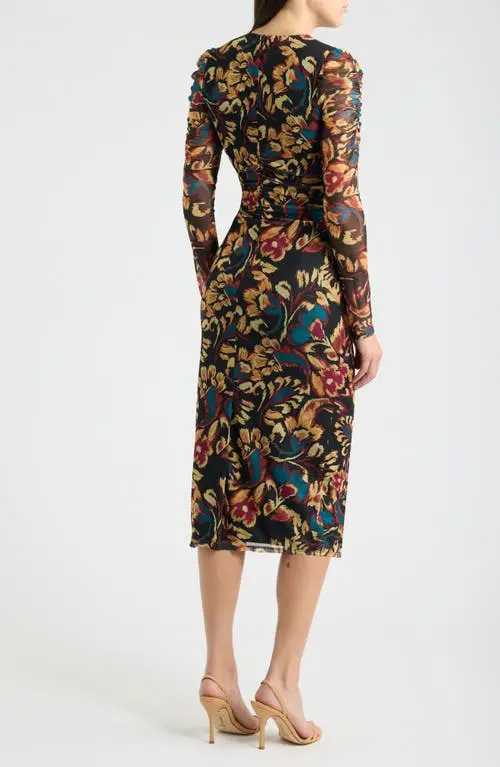Vince Camuto Floral Print Long Sleeve Mesh Midi Dress
