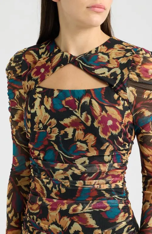 Vince Camuto Floral Print Long Sleeve Mesh Midi Dress