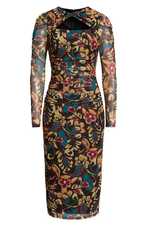 Vince Camuto Floral Print Long Sleeve Mesh Midi Dress