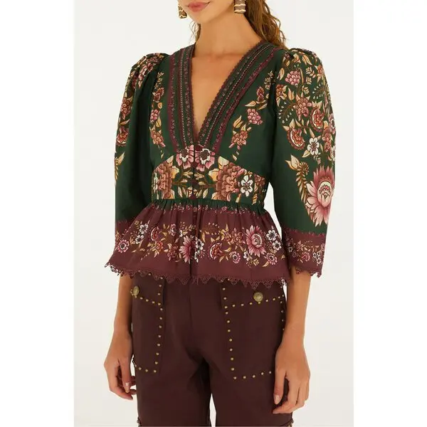 Farm Rio Daniela Floral Cotton Peplum Top - Daniela Green