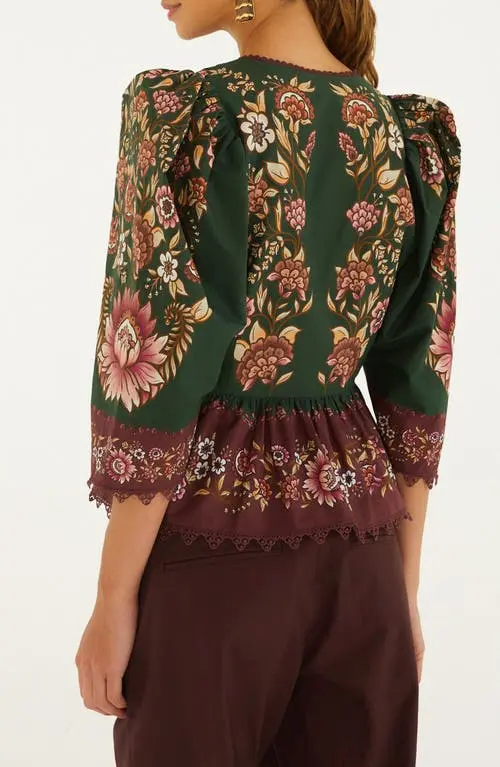 Farm Rio Daniela Floral Cotton Peplum Top - Daniela Green