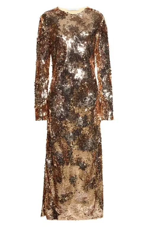 Rabanne Long Sleeve Sequin Evening Dress - Rose Gold/yellow