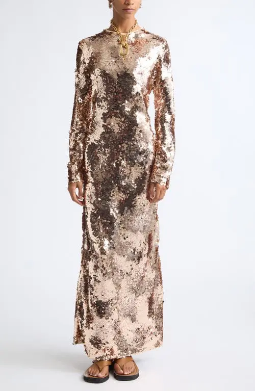 Rabanne Long Sleeve Sequin Evening Dress - Rose Gold/yellow