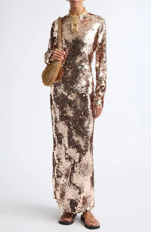 Rabanne Long Sleeve Sequin Evening Dress - Rose Gold/yellow