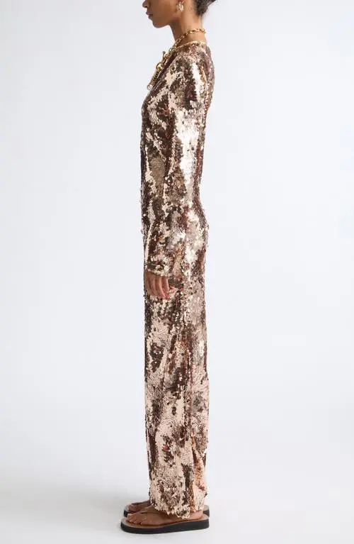 Rabanne Long Sleeve Sequin Evening Dress - Rose Gold/yellow