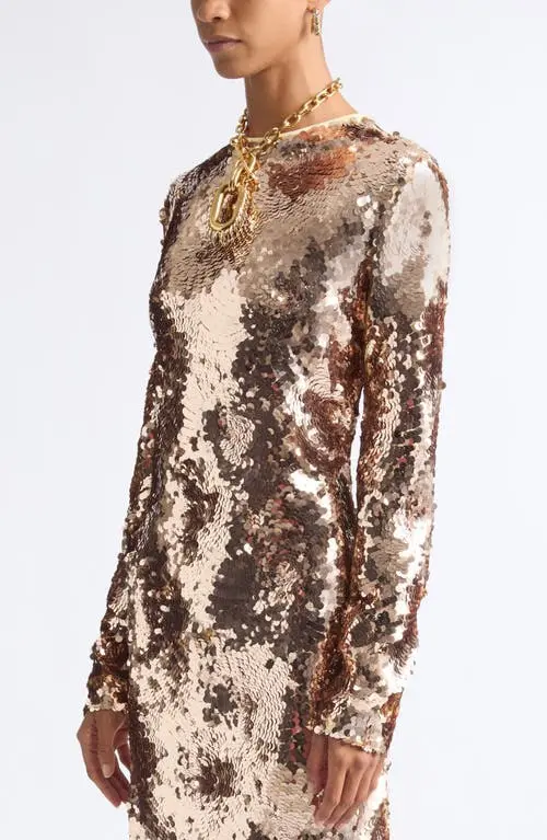 Rabanne Long Sleeve Sequin Evening Dress - Rose Gold/yellow