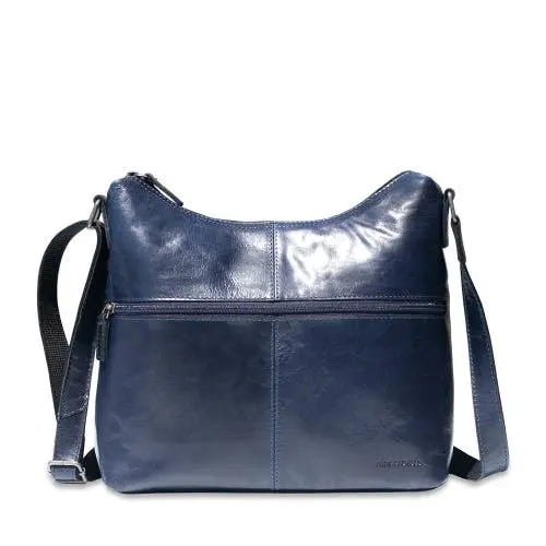 JACK GEORGES Voyager Uptown Leather Hobo Bag With Large Front Pocket - Navy