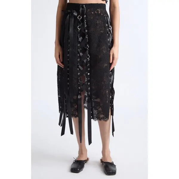 Simone Rocha Unraveling Ribbon & Ring Lace Skirt - Black