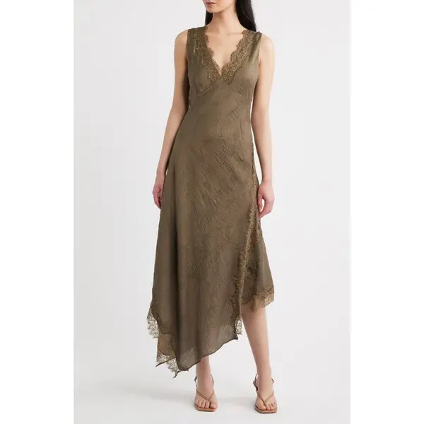 Moon River Lace Trim Asymmetrical Hem Dress