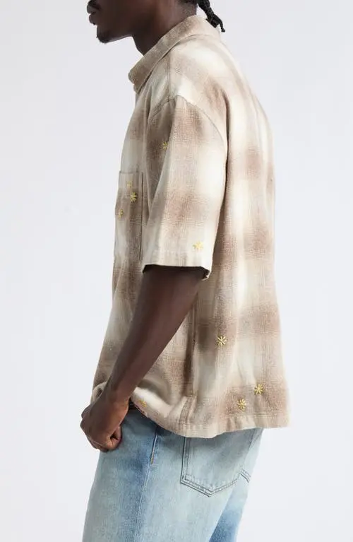 NAHMIAS Oversize Floral Embroidered Plaid Short Sleeve Cotton Flannel Button-up Shirt - Sand