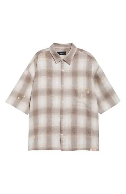 NAHMIAS Oversize Floral Embroidered Plaid Short Sleeve Cotton Flannel Button-up Shirt - Sand