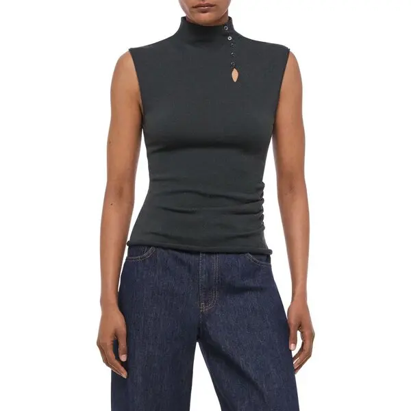 Helmut Lang Asymmetric Button Mock Neck Sleeveless Top - Forest Night