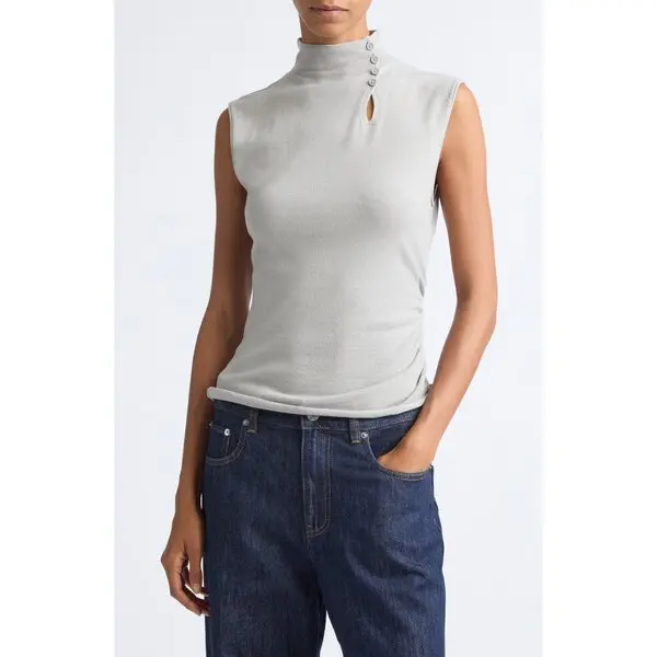Helmut Lang Asymmetric Button Mock Neck Sleeveless Top - Light Grey
