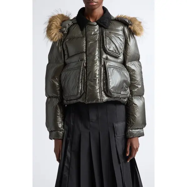 Sacai Cropped Hooded Down Puffer With Faux Fur Trim - Khaki