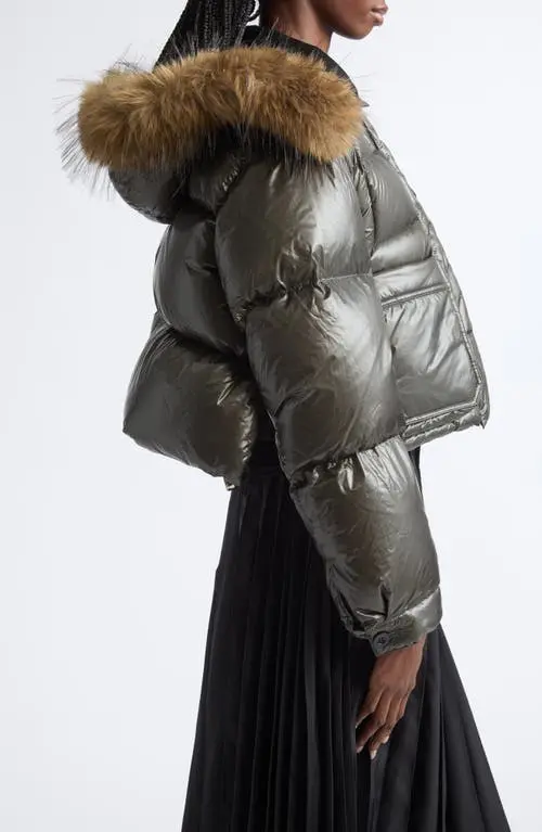 Sacai Cropped Hooded Down Puffer With Faux Fur Trim - Khaki