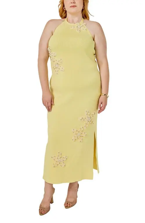 Endless Rose Halterneck Maxi Dress With Beaded Flower Embellishments - Butter