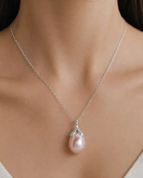 The Pearl Source 10-11mm Pink Freshwater Pearl Olive Drop Pendant - Sterling Silver