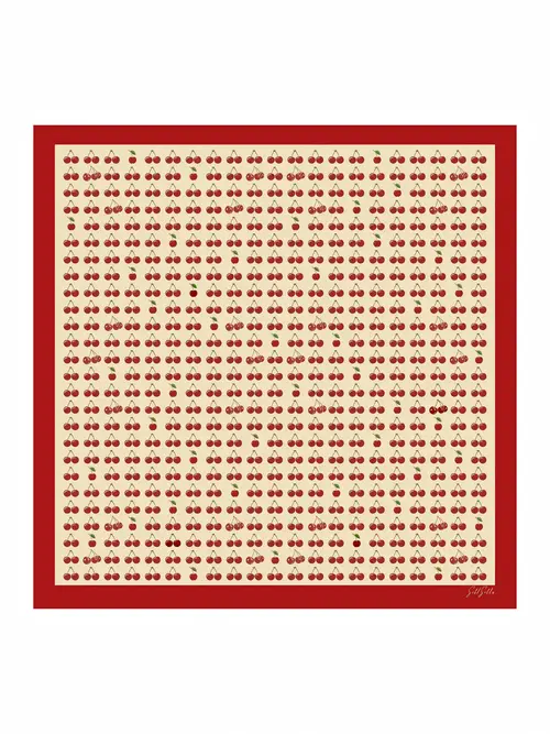 SILKSILKY Printed Square Silk Scarf - Beige Cherry