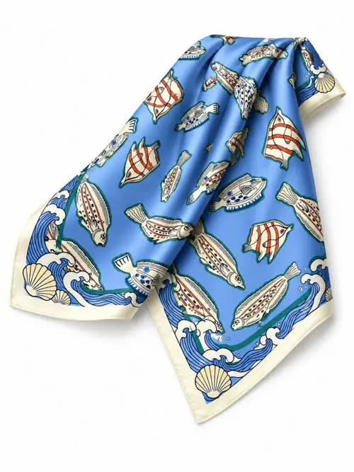 SILKSILKY Printed Square Silk Scarf - Blue Fish