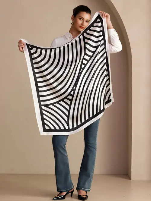 SILKSILKY Printed Square Silk Scarf - White Arcs