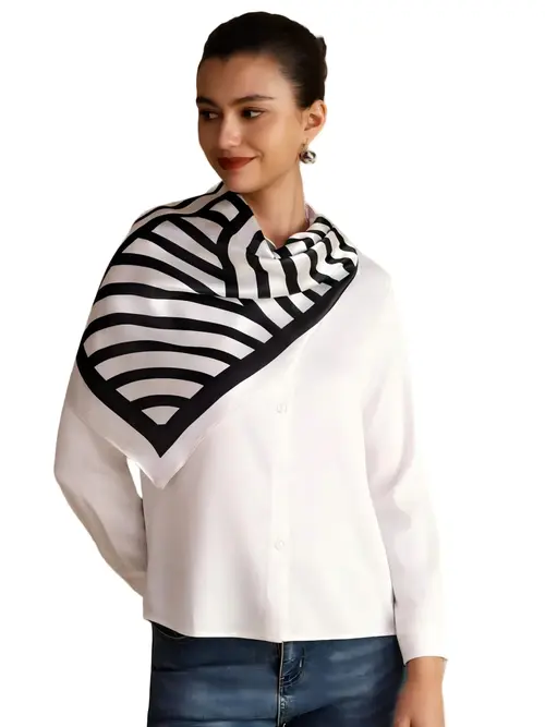 SILKSILKY Printed Square Silk Scarf - White Arcs