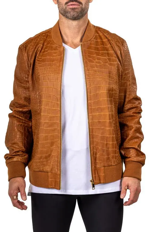 MACEOO Marthyr Croc Embossed Leather Bomber Jacket - Brown