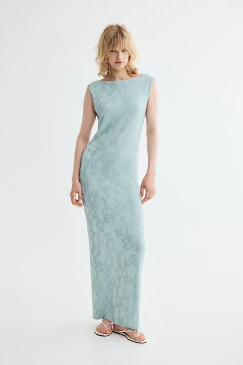 H&M Cowl-back Jacquard-jersey Maxi Dress - Light Turquoise