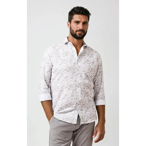 Stone Rose Linen Floral Print Ls Button-up Shirt - Beige